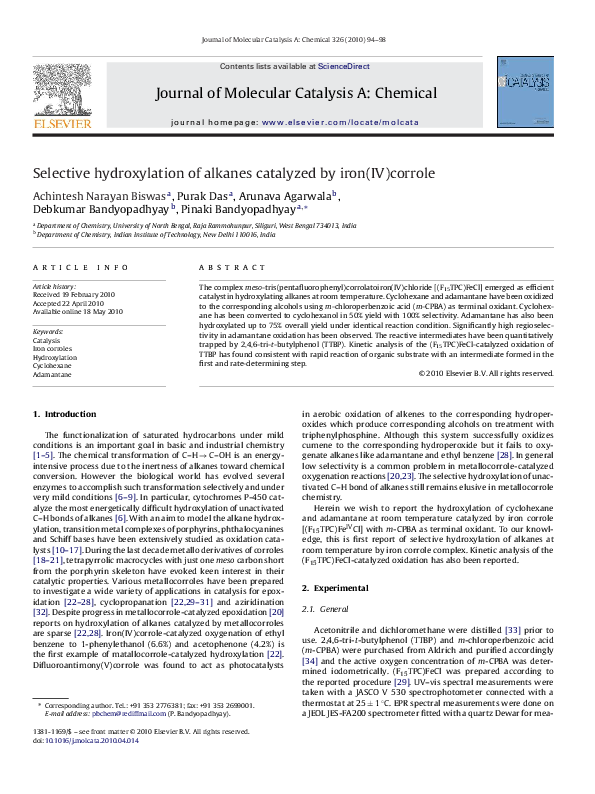 (PDF) Selective hydroxylation of alkanes catalyzed by iron(IV)corrole