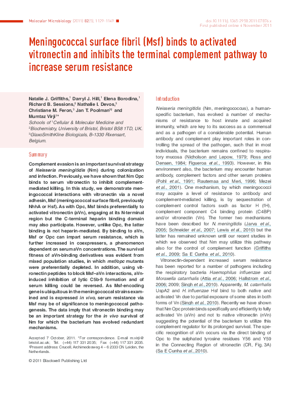 (PDF) Meningococcal surface fibril (Msf) binds to activated vitronectin ...