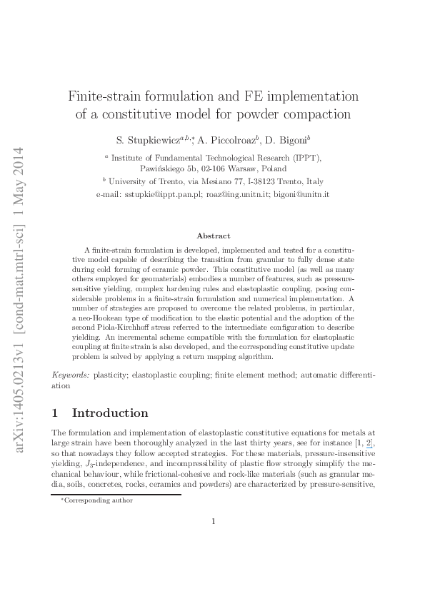 Pdf Finite Strain Formulation And Fe Implementation Of A Constitutive