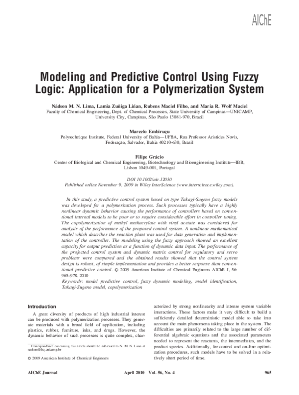 Pdf Modeling And Predictive Control Using Fuzzy Logic Application For A Polymerization System