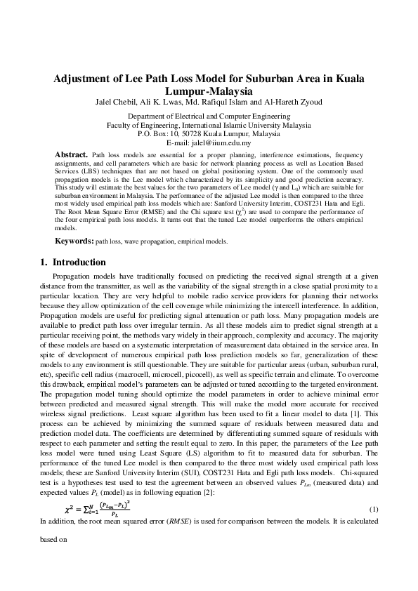 (PDF) Adjustment of Lee Path Loss Model for Suburban Area in Kuala ...