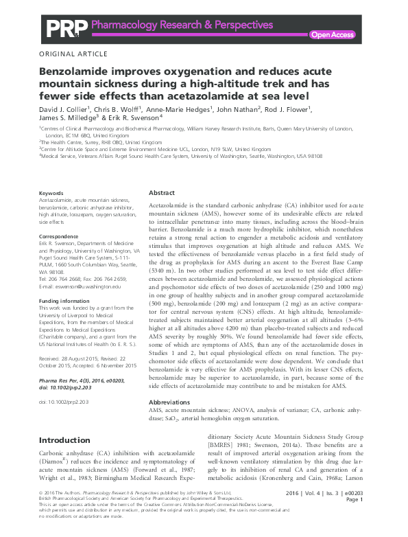 (PDF) Benzolamide improves oxygenation and reduces acute mountain ...