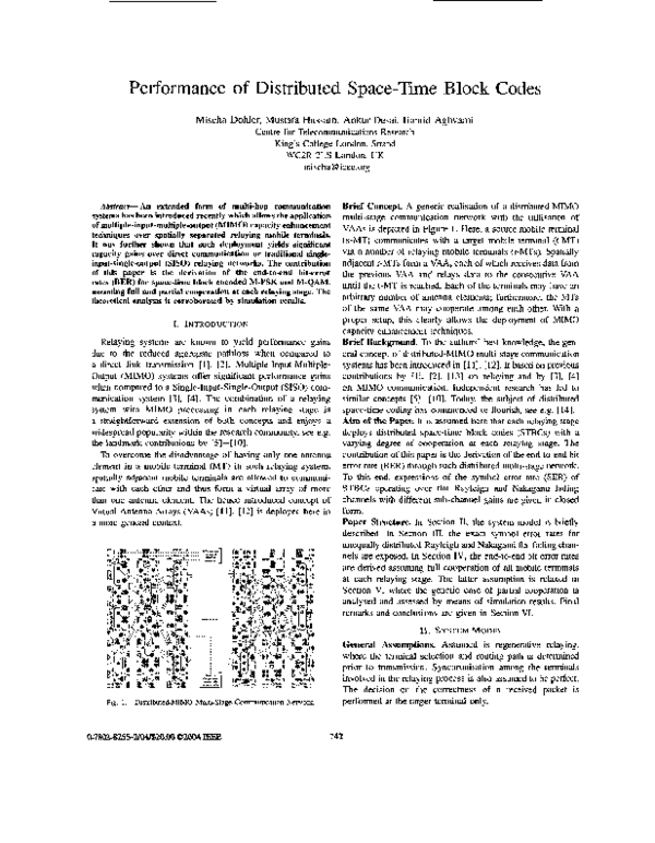 Pdf Performance Of Distributed Space Time Block Codes