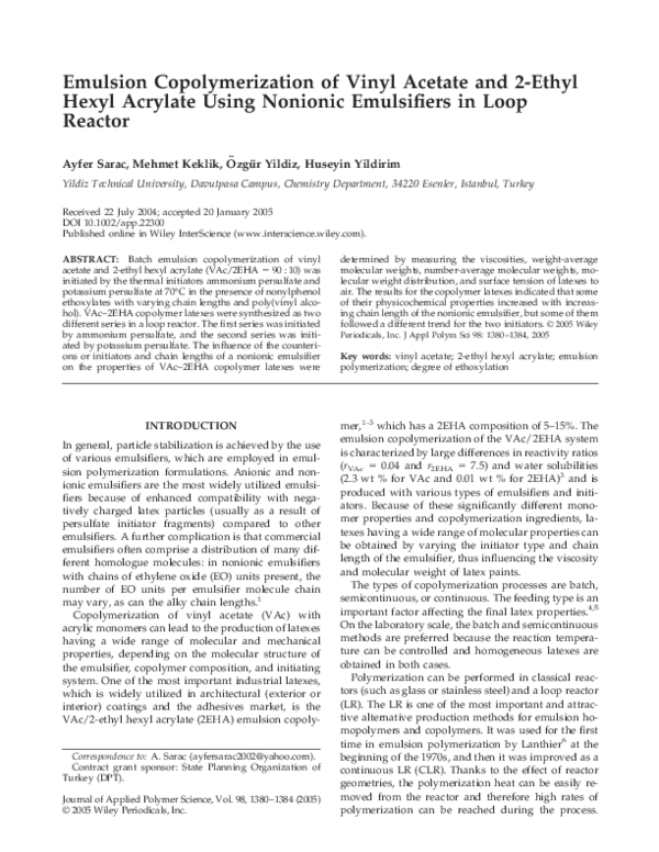 (PDF) Emulsion copolymerization of vinyl acetate and 2-ethyl hexyl acrylate using nonionic ...