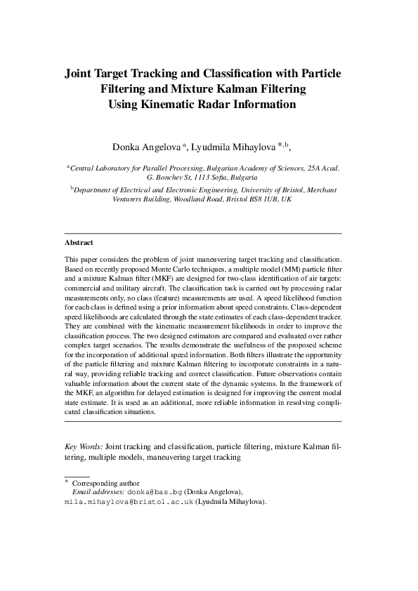 (PDF) Joint target tracking and classification with particle filtering and mixture Kalman ...