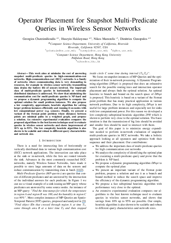 (PDF) Operator Placement for Snapshot Multi-predicate Queries in Wireless Sensor Networks