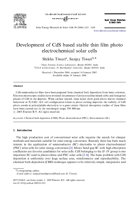 (PDF) Development of CdS based stable thin film photo electrochemical ...