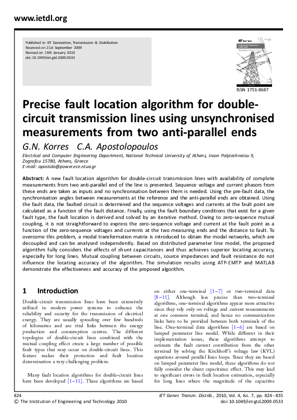 Pdf Precise Fault Location Algorithm For Double Circuit Transmission 6293
