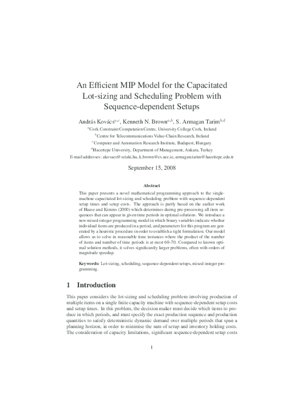 Pdf An Efficient Mip Model For The Capacitated Lot Sizing And Scheduling Problem With Sequence