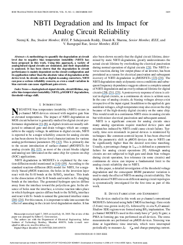 (PDF) NBTI degradation and its impact for analog circuit reliability