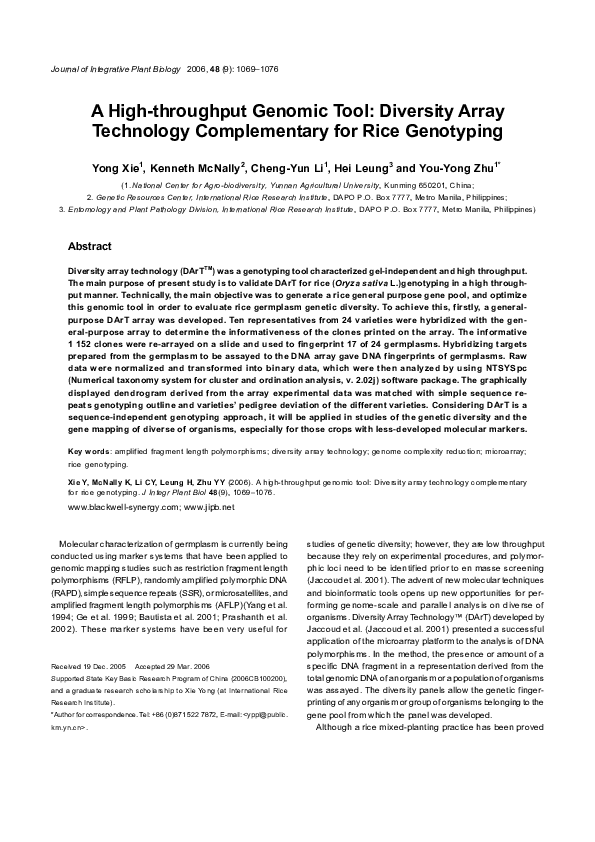 (PDF) A High-throughput Genomic Tool: Diversity Array Technology ...