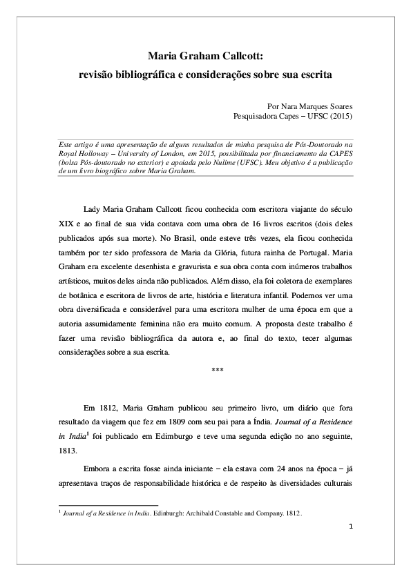 (PDF) Maria Graham Callcott: revisão bibliográfica e considerações ...