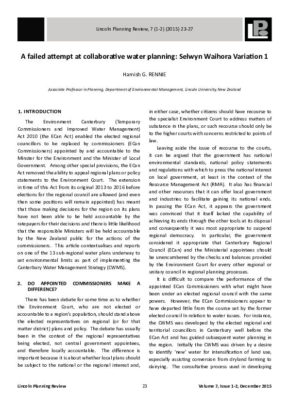 (PDF) A failed attempt at collaborative water planning: Selwyn Waihora ...