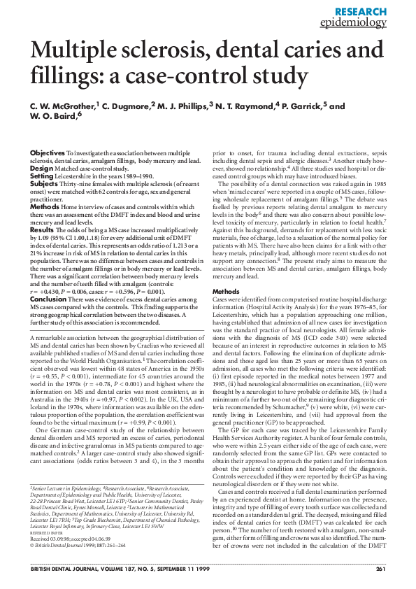 (PDF) Epidemiology: Multiple sclerosis, dental caries and fillings: a case-control study