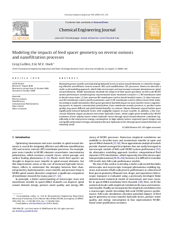 Pdf Modeling The Impacts Of Feed Spacer Geometry On Reverse Osmosis And Nanofiltration Processes