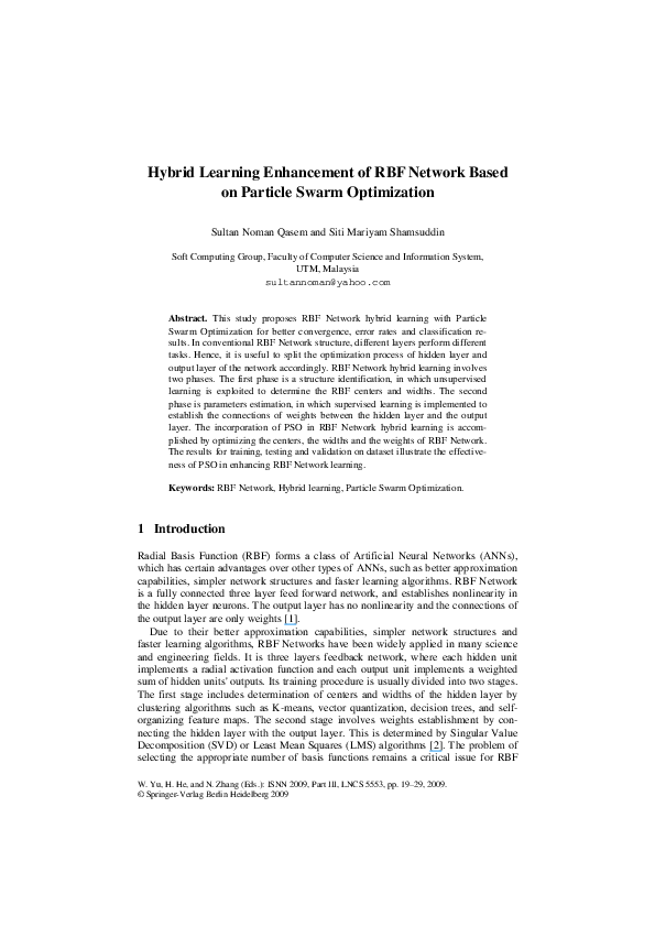 Pdf Hybrid Learning Enhancement Of Rbf Network Based On Particle Swarm Optimization