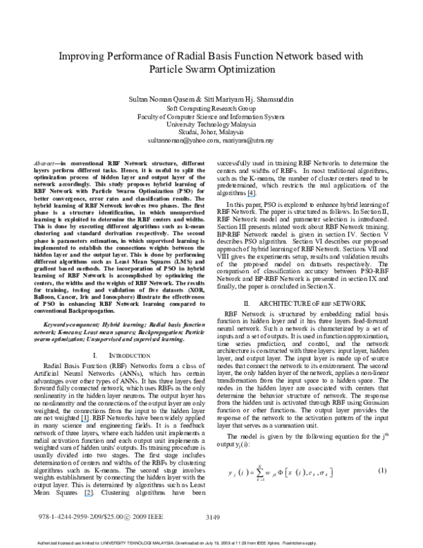 Pdf Improving Performance Of Radial Basis Function Network Based With Particle Swarm Optimization