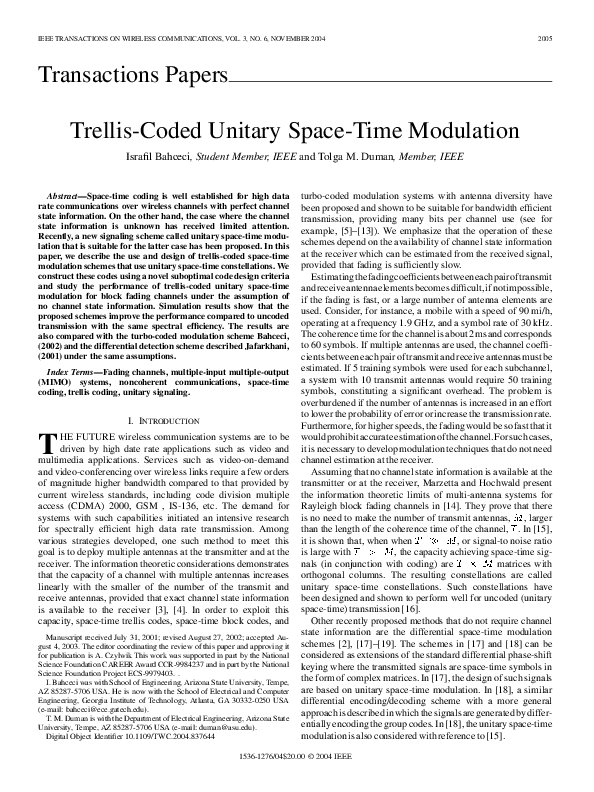 Pdf Trellis Coded Unitary Space Time Modulation