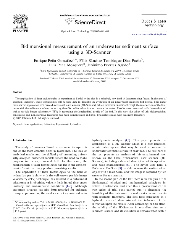 Pdf Bidimensional Measurement Of An Underwater Sediment Surface Using A 3d Scanner