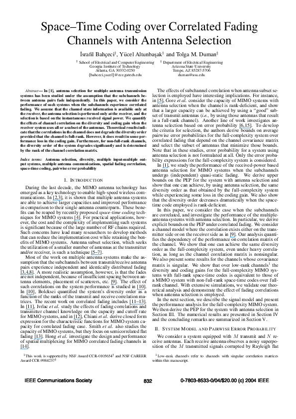 (PDF) Space-time coding over correlated fading channels with antenna selection
