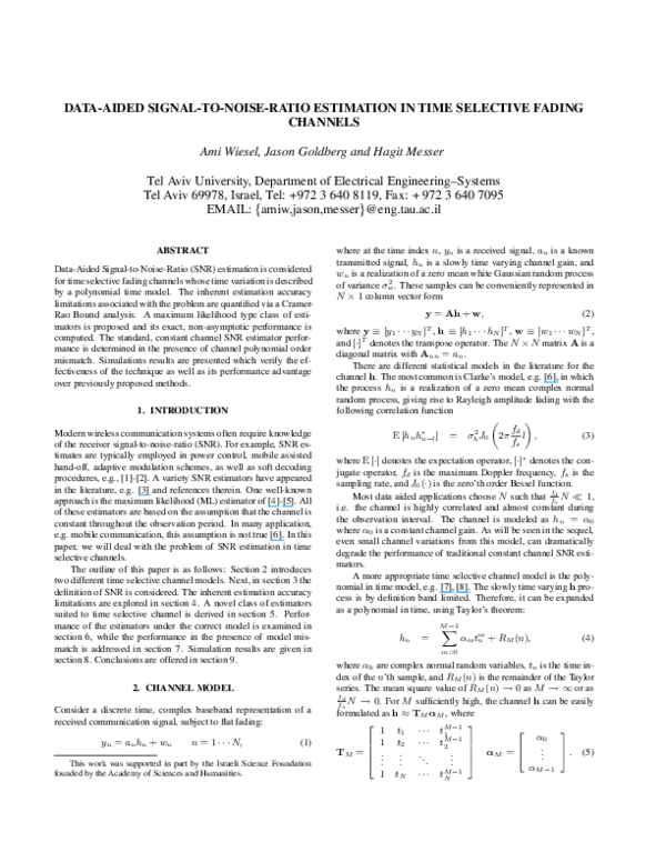 (PDF) Data-Aided Signal-to-Noise-Ratio estimation in time selective fading channels