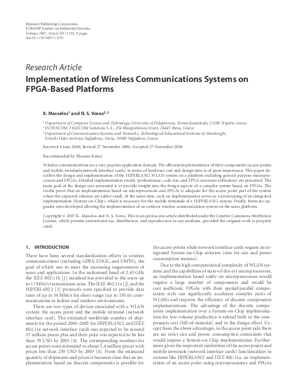 Pdf Implementation Of Wireless Communications Systems On Fpga Based
