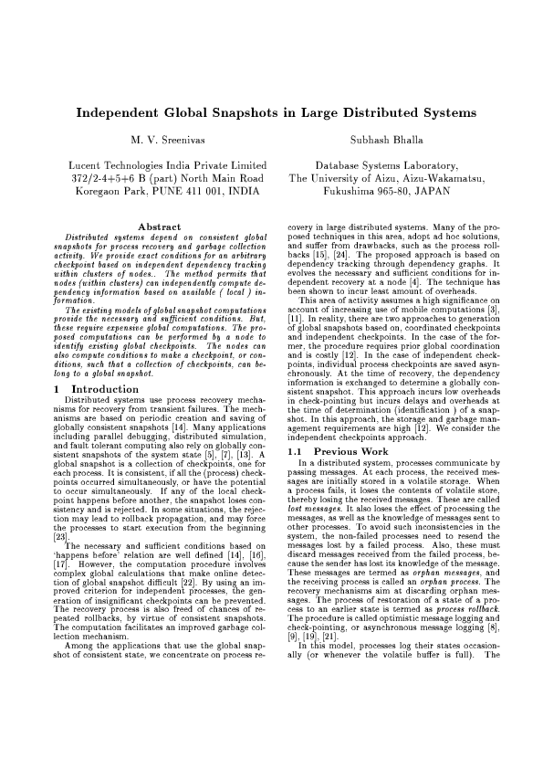 (PDF) Independent global snapshots in large distributed systems