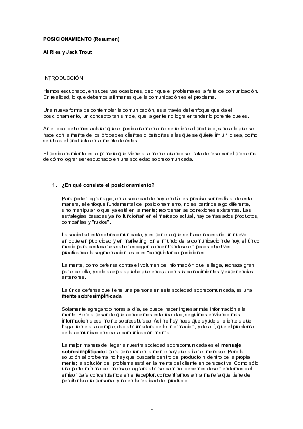 (DOC) POSICIONAMIENTO (Resumen) Al Ries