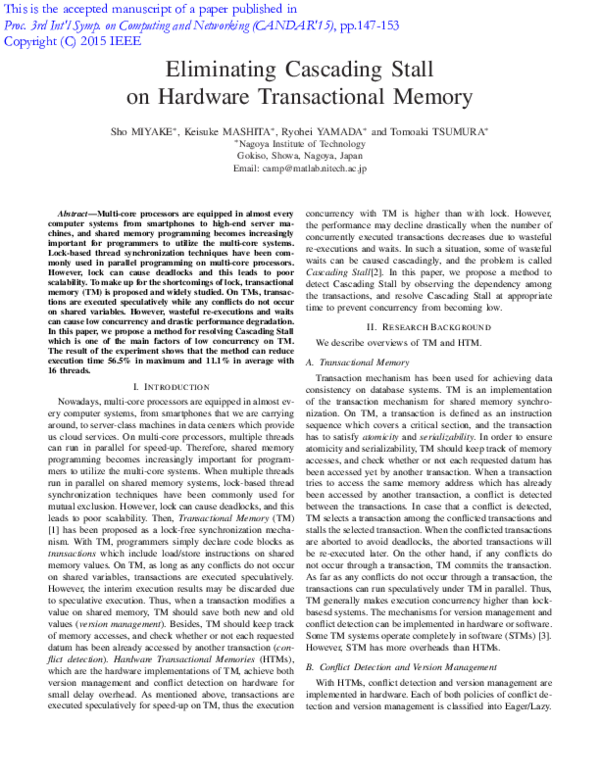 (PDF) Eliminating Cascading Stall on Hardware Transactional Memory | Tomoaki Tsumura - Academia.edu