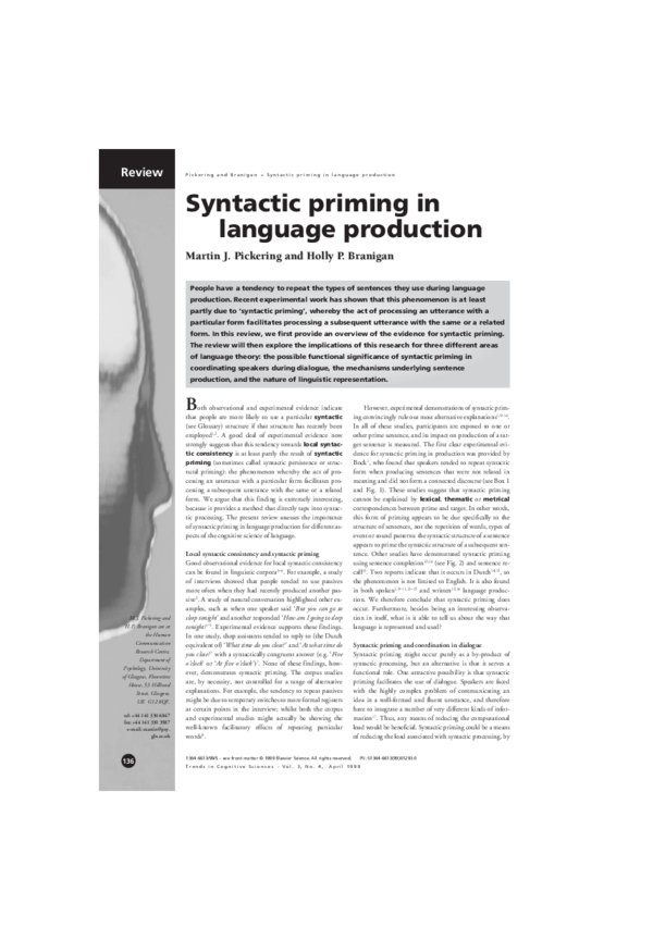 (PDF) Syntactic priming in language production