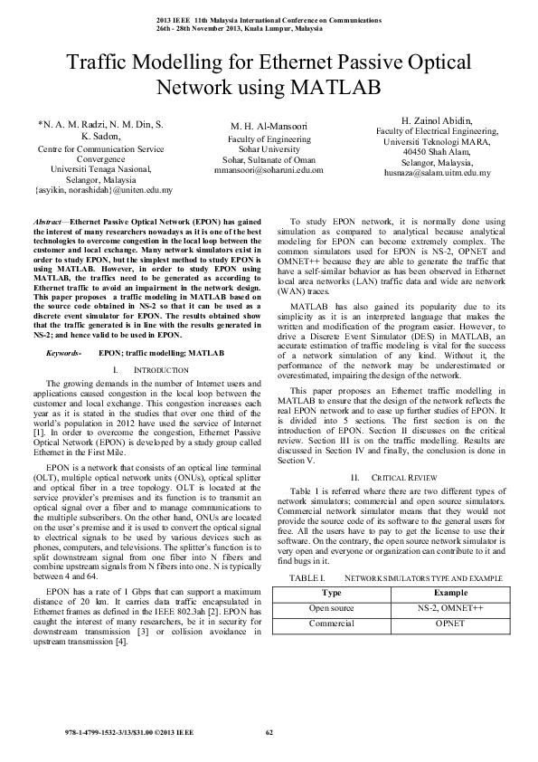 (PDF) Traffic modelling for Ethernet Passive Optical Network using MATLAB