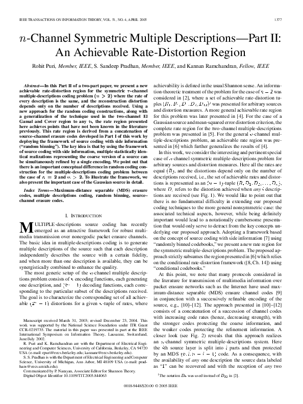 (PDF) n-channel symmetric multiple descriptions-part II: An achievable rate-distortion region