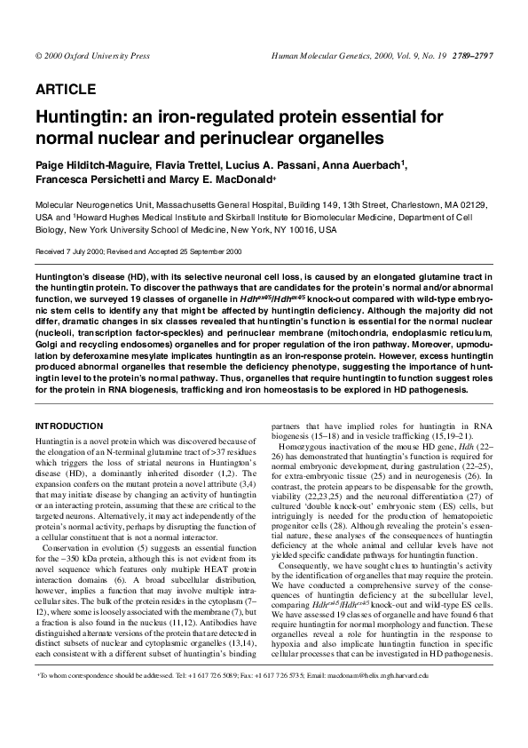 (PDF) Huntingtin: an iron-regulated protein essential for normal ...