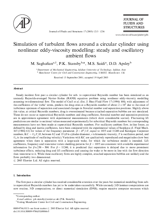 Pdf Simulation Of Turbulent Flows Around A Circular Cylinder Using