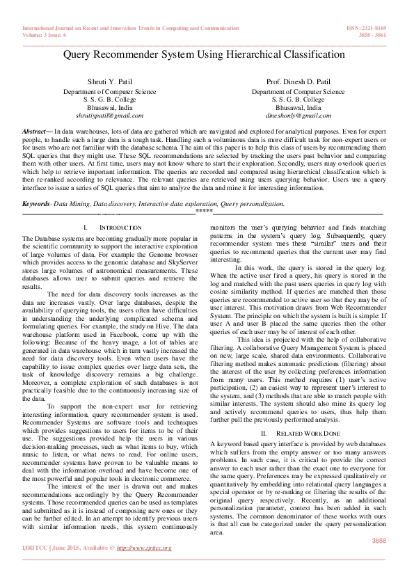 (PDF) Query Recommender System Using Hierarchical Classification