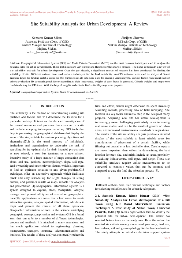 (PDF) Site Suitability Analysis for Urban Development: A Review