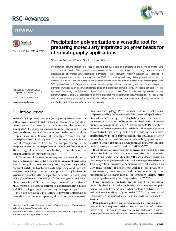 (PDF) Precipitation polymerization: a versatile tool for preparing molecularly imprinted polymer ...