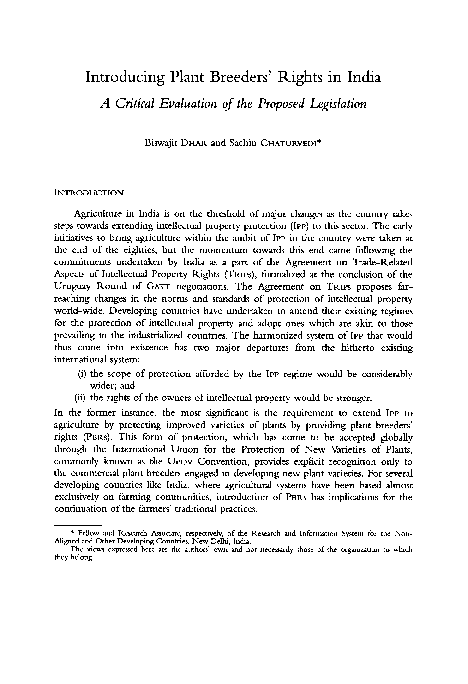 (PDF) Introducing Plant Breeders' Rights in India: A Critical ...