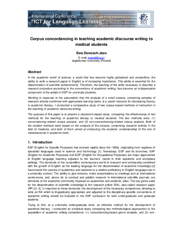 (PDF) Corpus concordancing in teaching academic discourse writing to medical students