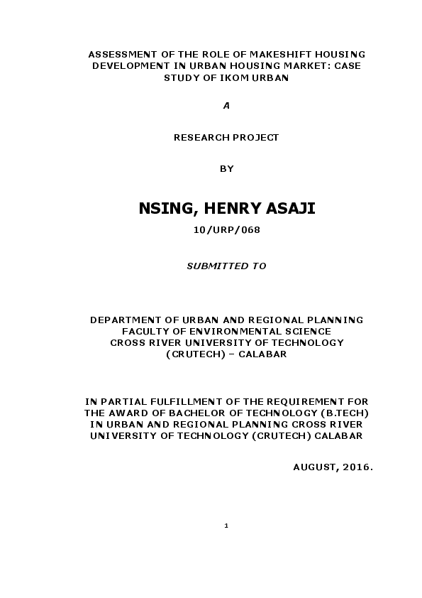 (PDF) ASSESSMENT OF THE ROLE OF MAKESHIFT HOUSING DEVELOPMENT IN URBAN ...