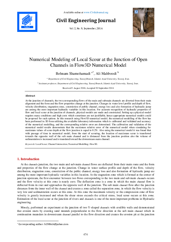 Pdf Numerical Modeling Of Local Scour At The Junction Of Open