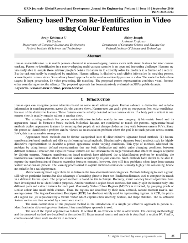 Pdf Saliency Based Person Re Identification In Video Using Colour Features
