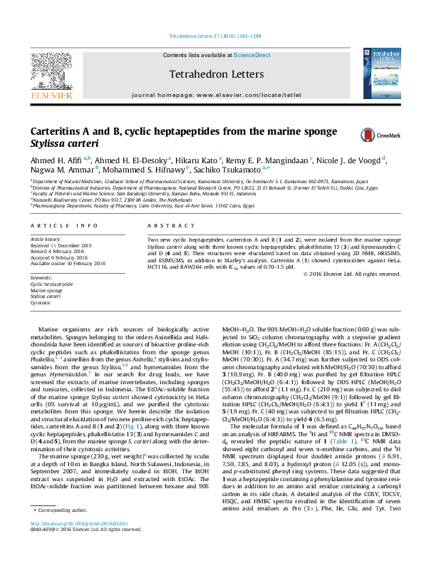 (PDF) Carteritins A and B, cyclic heptapeptides from the marine sponge ...