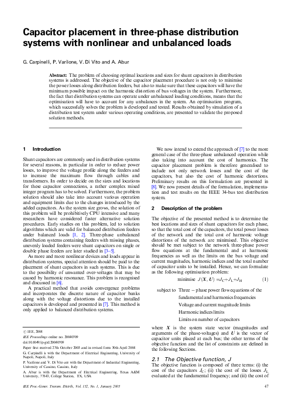 (PDF) Capacitor placement in three-phase distribution systems with nonlinear and unbalanced loads