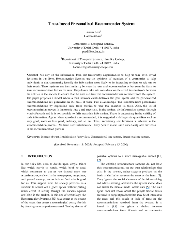 Pdf Trust Based Recommender System