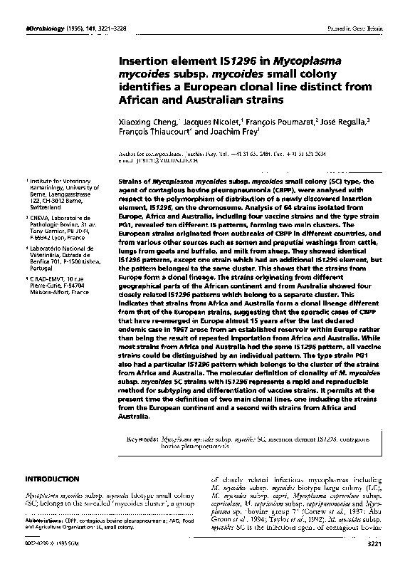 (PDF) Insertion element IS 1296 in Mycoplasma mycoides subsp. mycoides ...