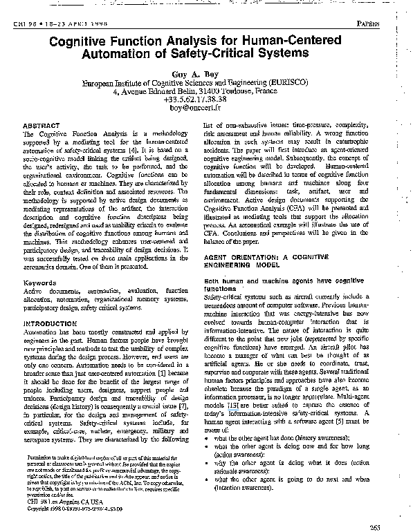 (PDF) Cognitive function analysis for human-centered automation of safety-critical systems