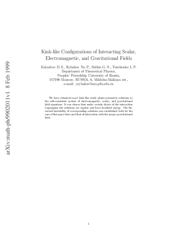 Pdf Kink Like Configurations Of Interacting Scalar Electromagnetic