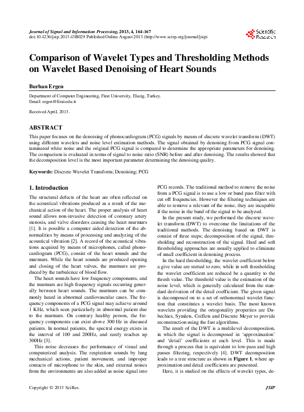 Pdf Comparison Of Wavelet Types And Thresholding Methods On Wavelet Based Denoising Of Heart