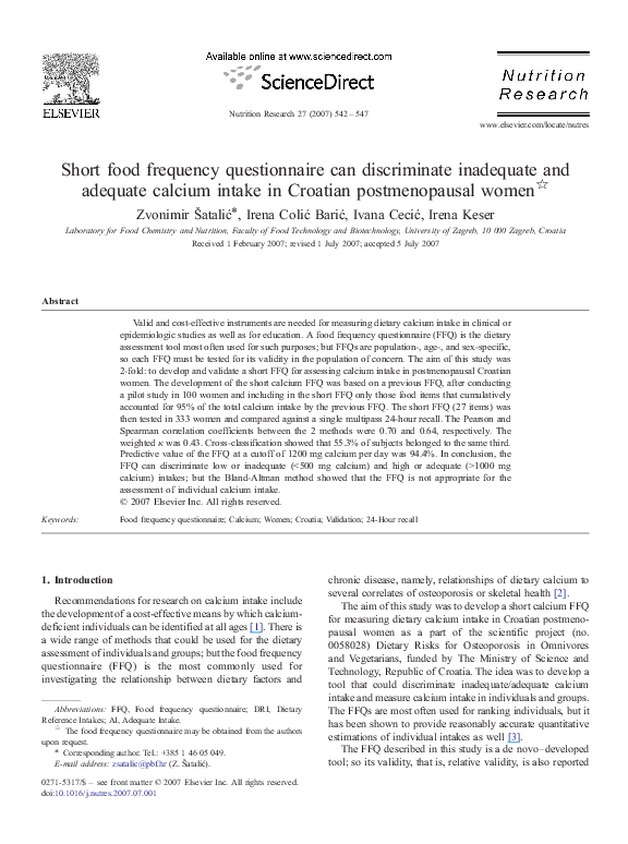 (PDF) Short food frequency questionnaire can discriminate inadequate ...